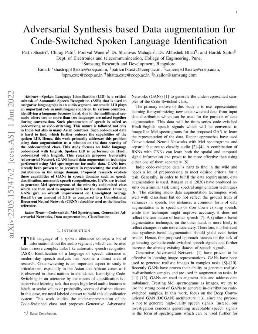 Adversarial synthesis based data-augmentation for code-switched spoken language identification ...