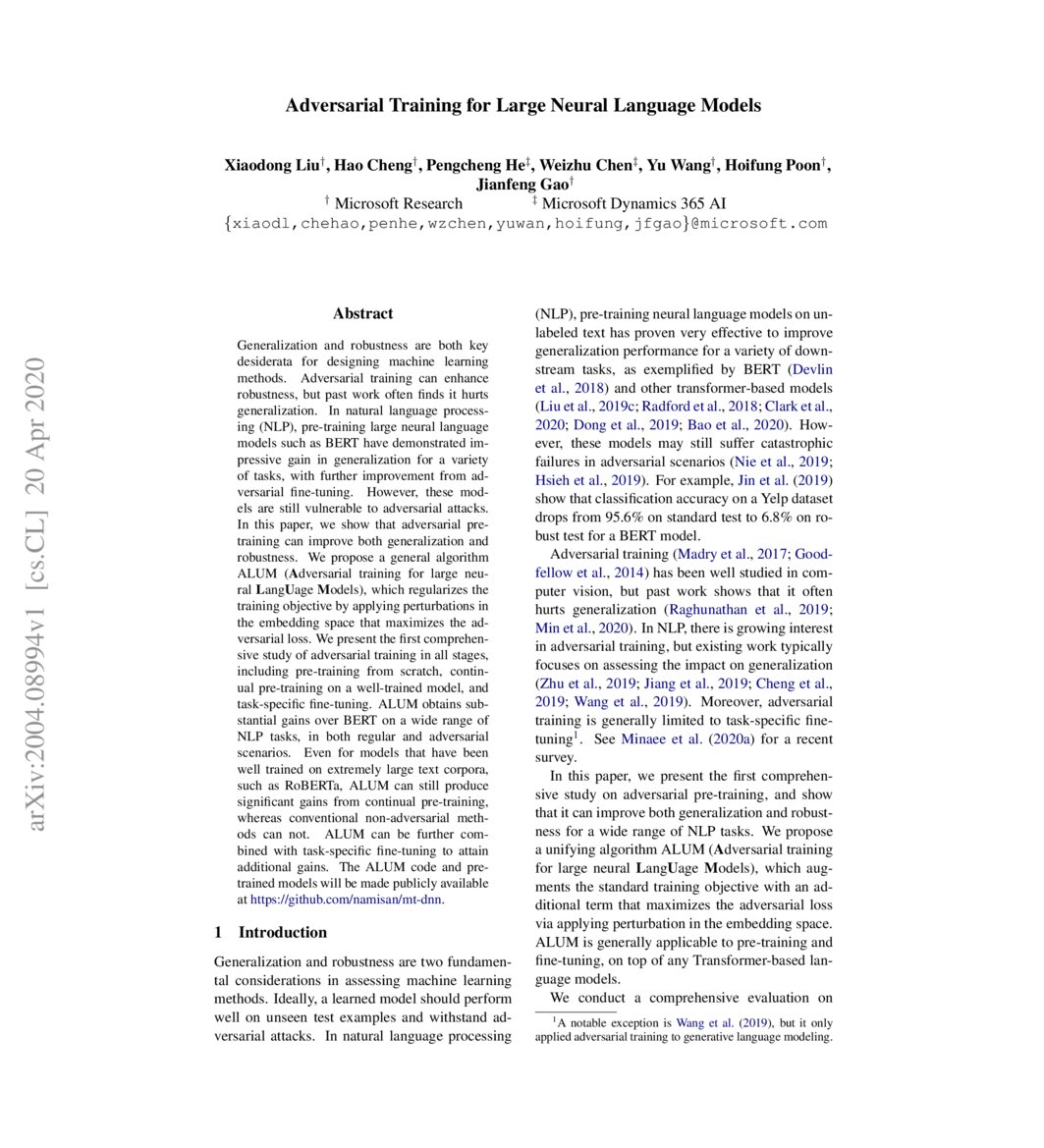 Adversarial Training for Large Neural Language Models | DeepAI