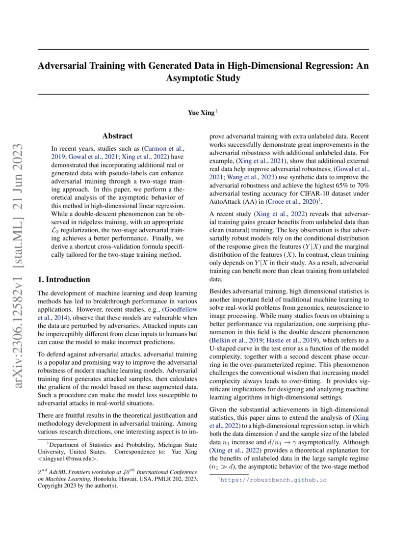 Adversarial Training with Generated Data in High-Dimensional Regression: An Asymptotic Study ...