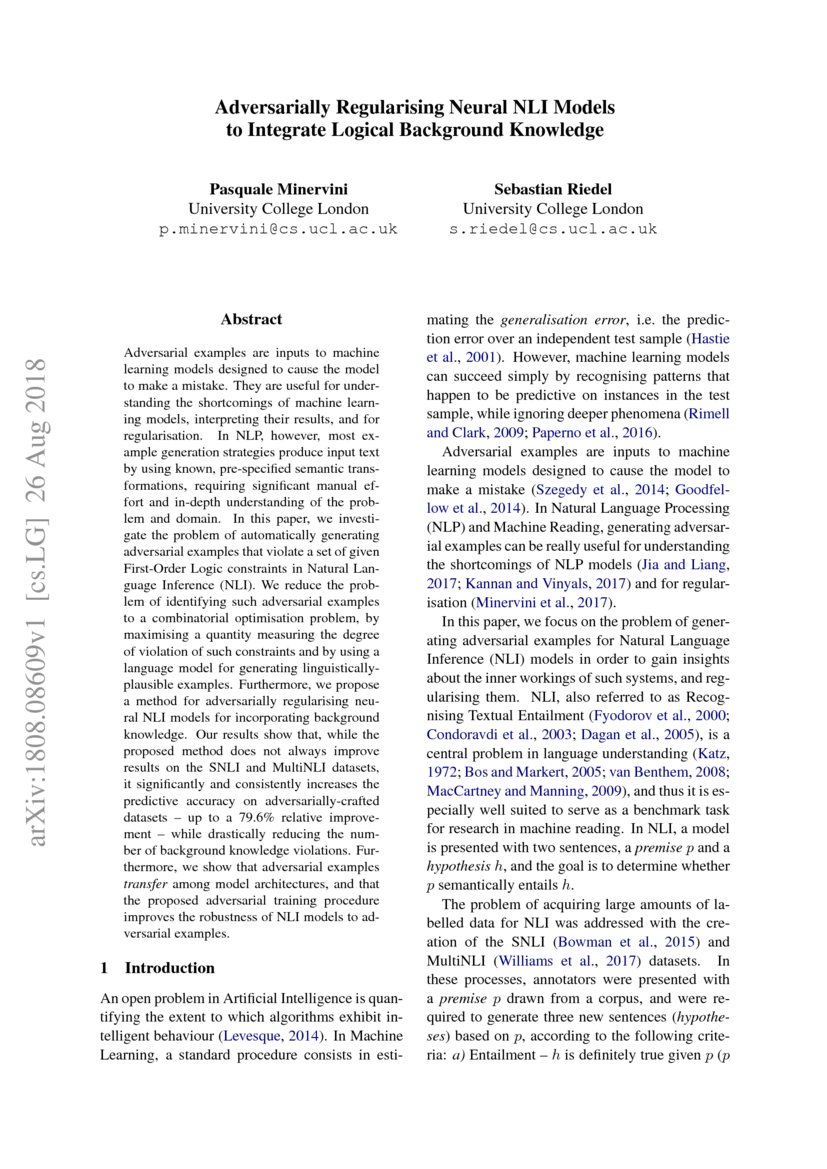 Adversarially Regularising Neural NLI Models to Integrate Logical Background Knowledge | DeepAI