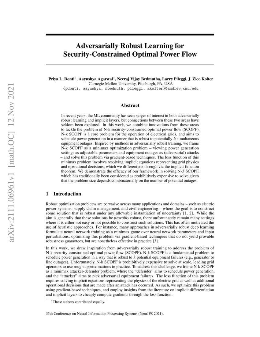 Adversarially Robust Learning For Security Constrained Optimal Power Flow Deepai 