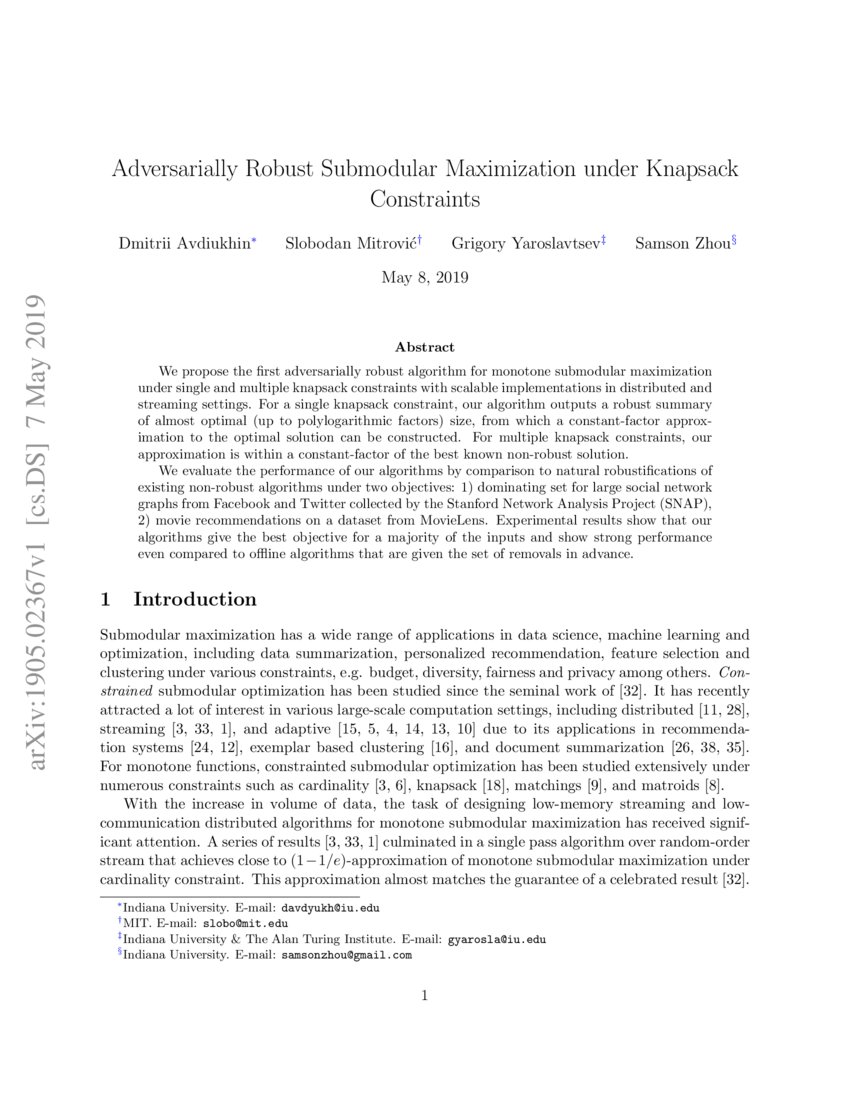 Adversarially Robust Submodular Maximization Under Knapsack Constraints Deepai