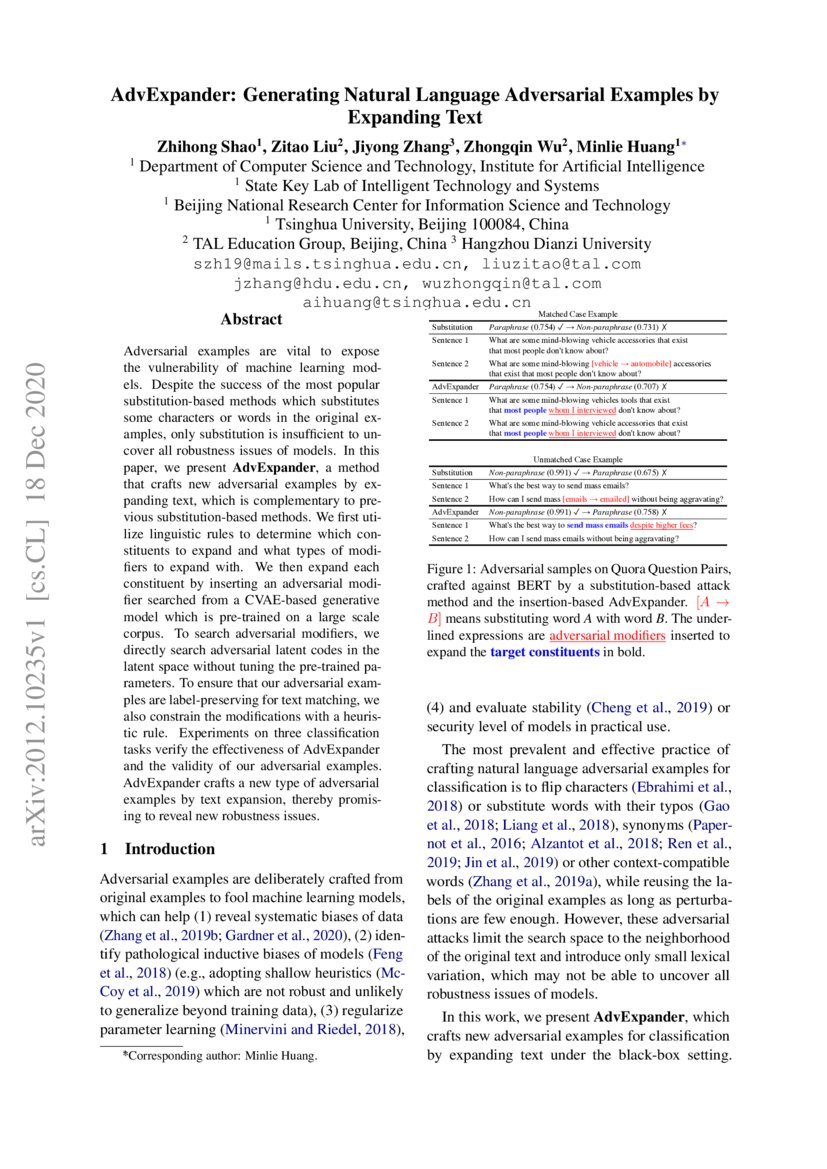 AdvExpander: Generating Natural Language Adversarial Examples by Expanding Text | DeepAI