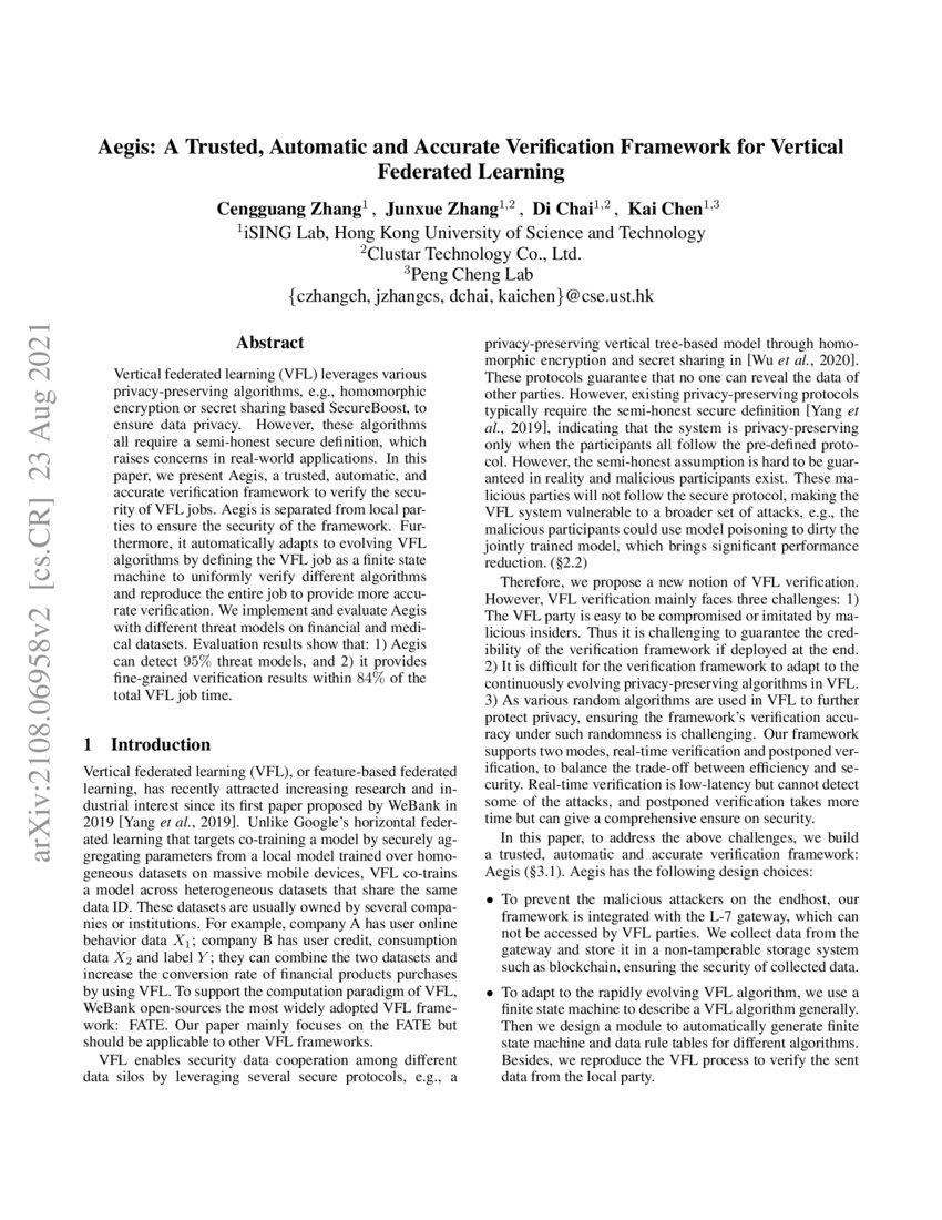 Aegis: A Trusted, Automatic and Accurate Verification Framework for Vertical Federated Learning ...