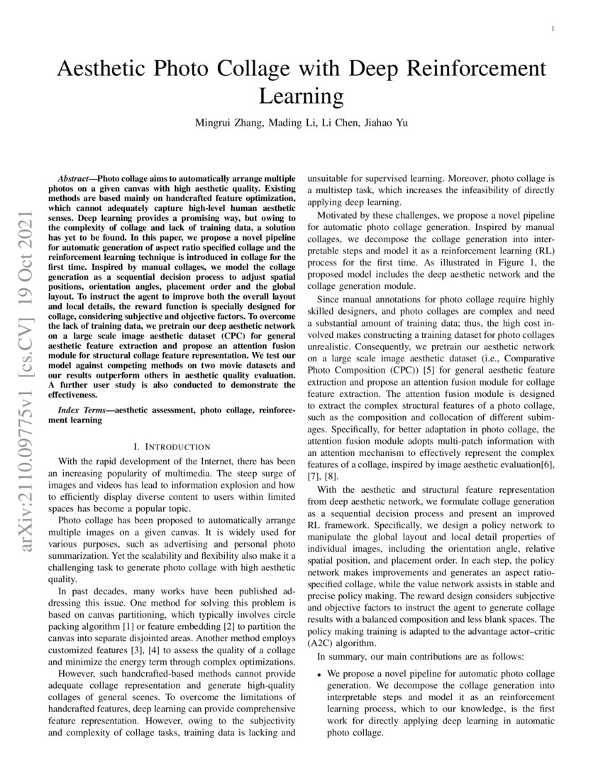 Aesthetic Photo Collage with Deep Reinforcement Learning | DeepAI