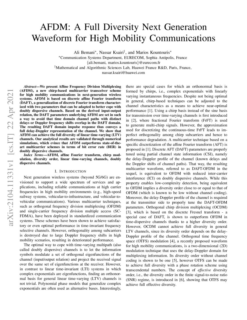 AFDM: A Full Diversity Next Generation Waveform for High Mobility ...
