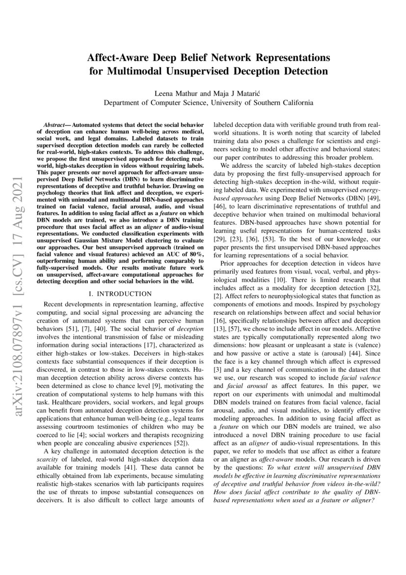 Affect Aware Deep Belief Network Representations For Multimodal