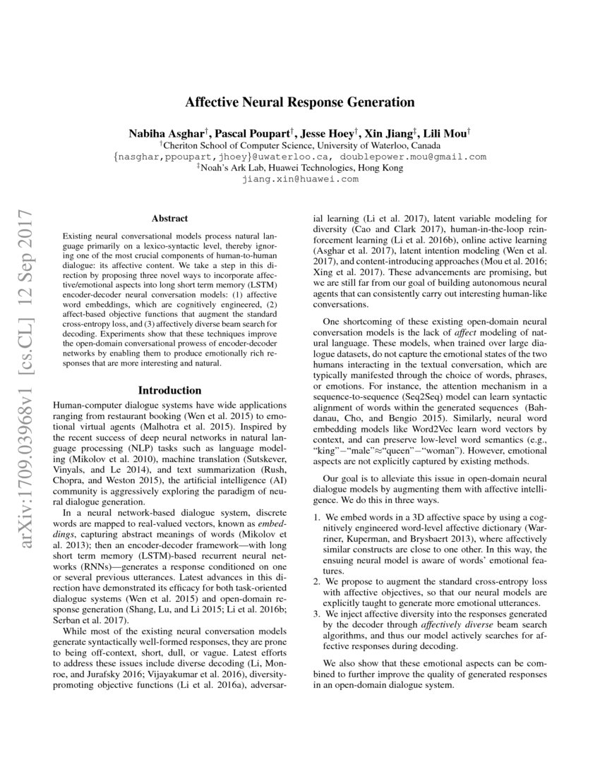 Affective Neural Response Generation Deepai