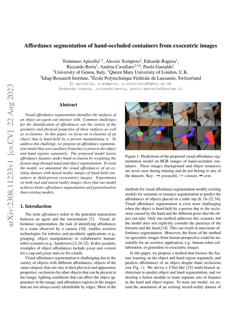 Affordance Segmentation Of Hand Occluded Containers From Exocentric Images Deepai