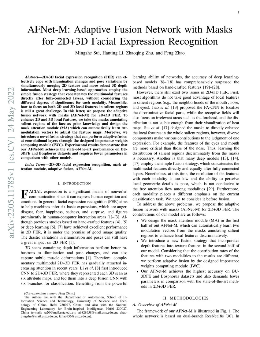 AFNet-M: Adaptive Fusion Network with Masks for 2D+3D Facial Expression Recognition | DeepAI