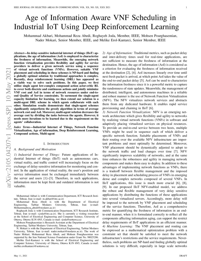 Age of Information Aware VNF Scheduling in Industrial IoT Using Deep Reinforcement Learning | DeepAI