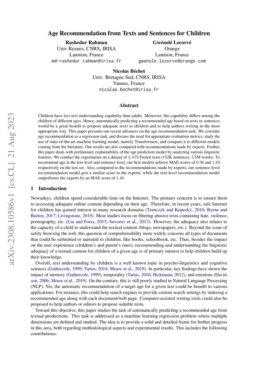 Age Recommendation from Texts and Sentences for Children | DeepAI