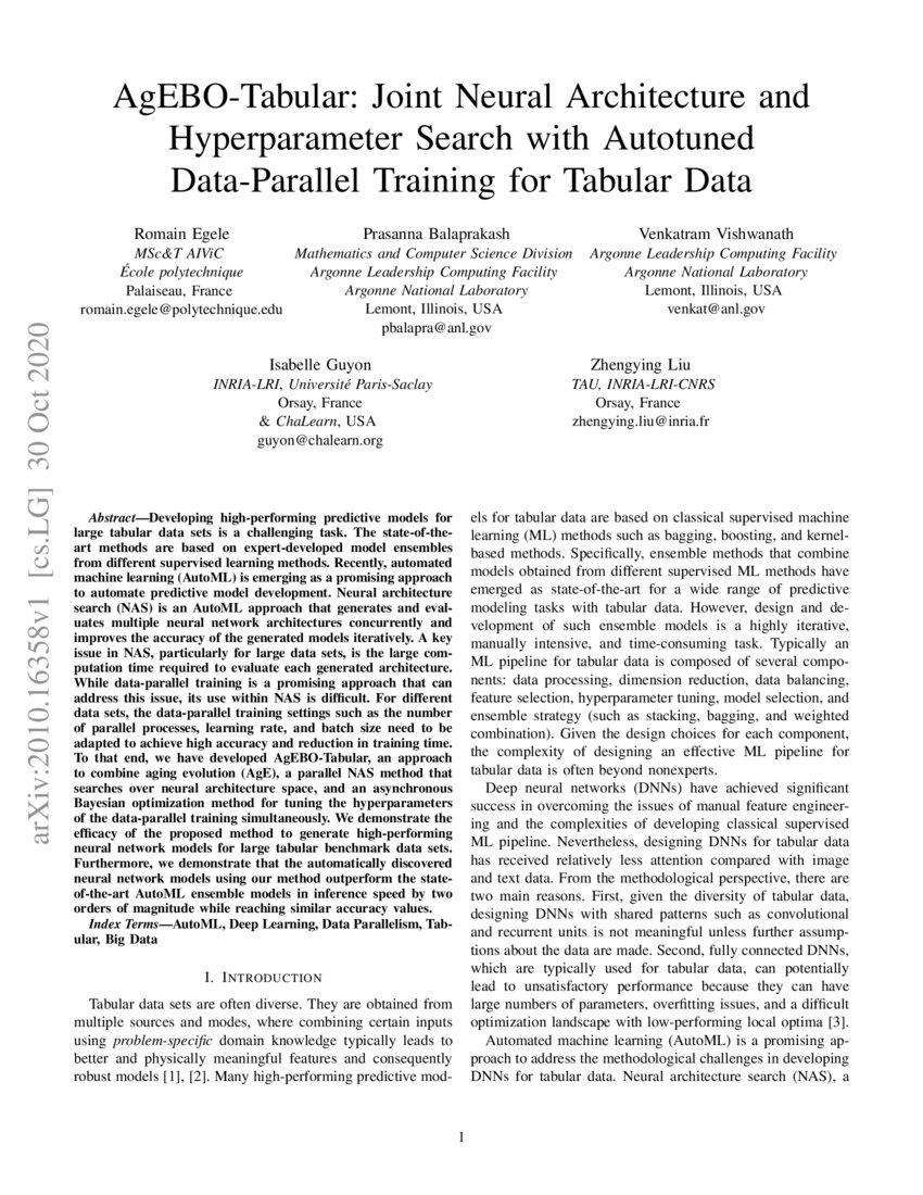 Agebo Tabular Joint Neural Architecture And Hyperparameter Search With Autotuned Data Parallel