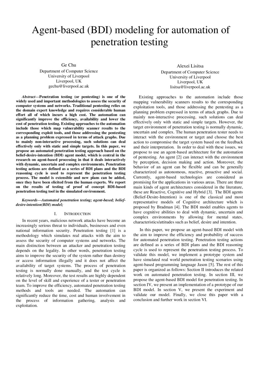 Agent-based (BDI) modeling for automation of penetration testing | DeepAI