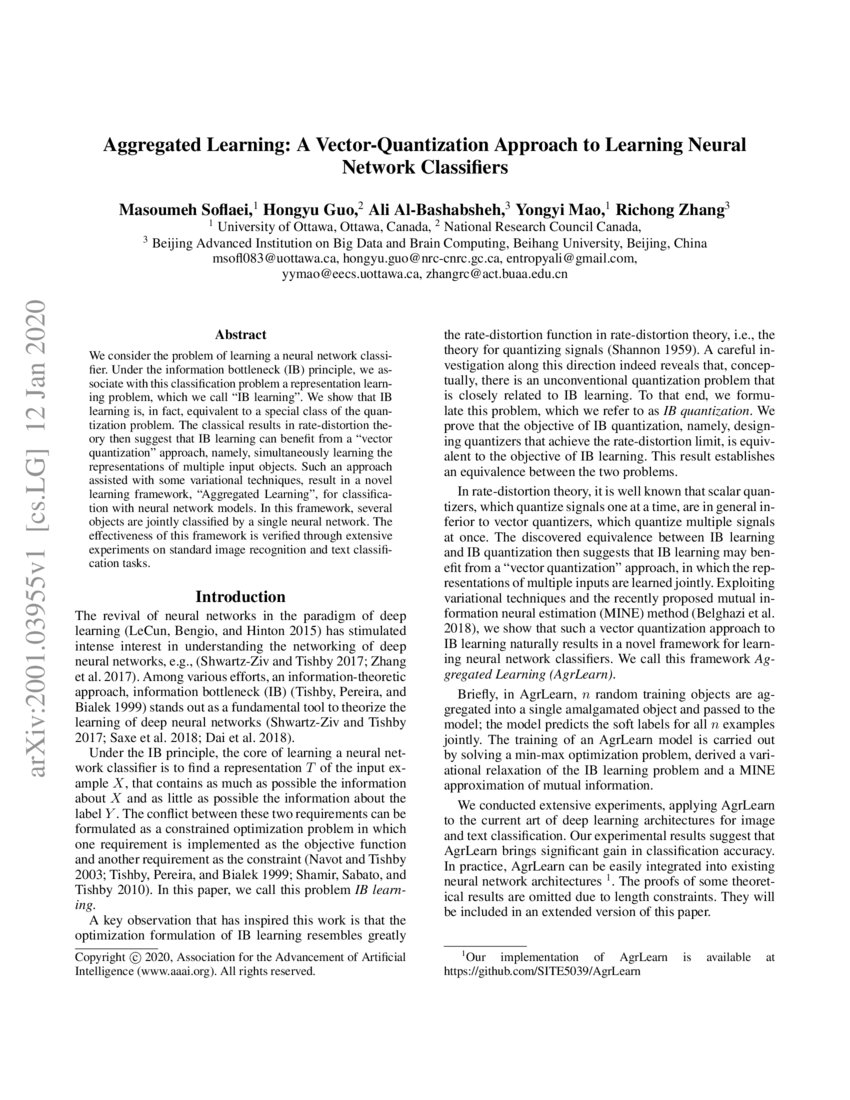 Aggregated Learning A Vector Quantization Approach To Learning Neural Network Classifiers Deepai