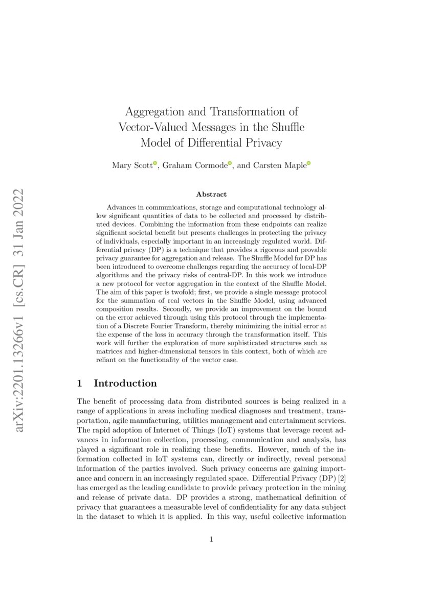 Aggregation and Transformation of Vector-Valued Messages in the Shuffle Model of Differential ...