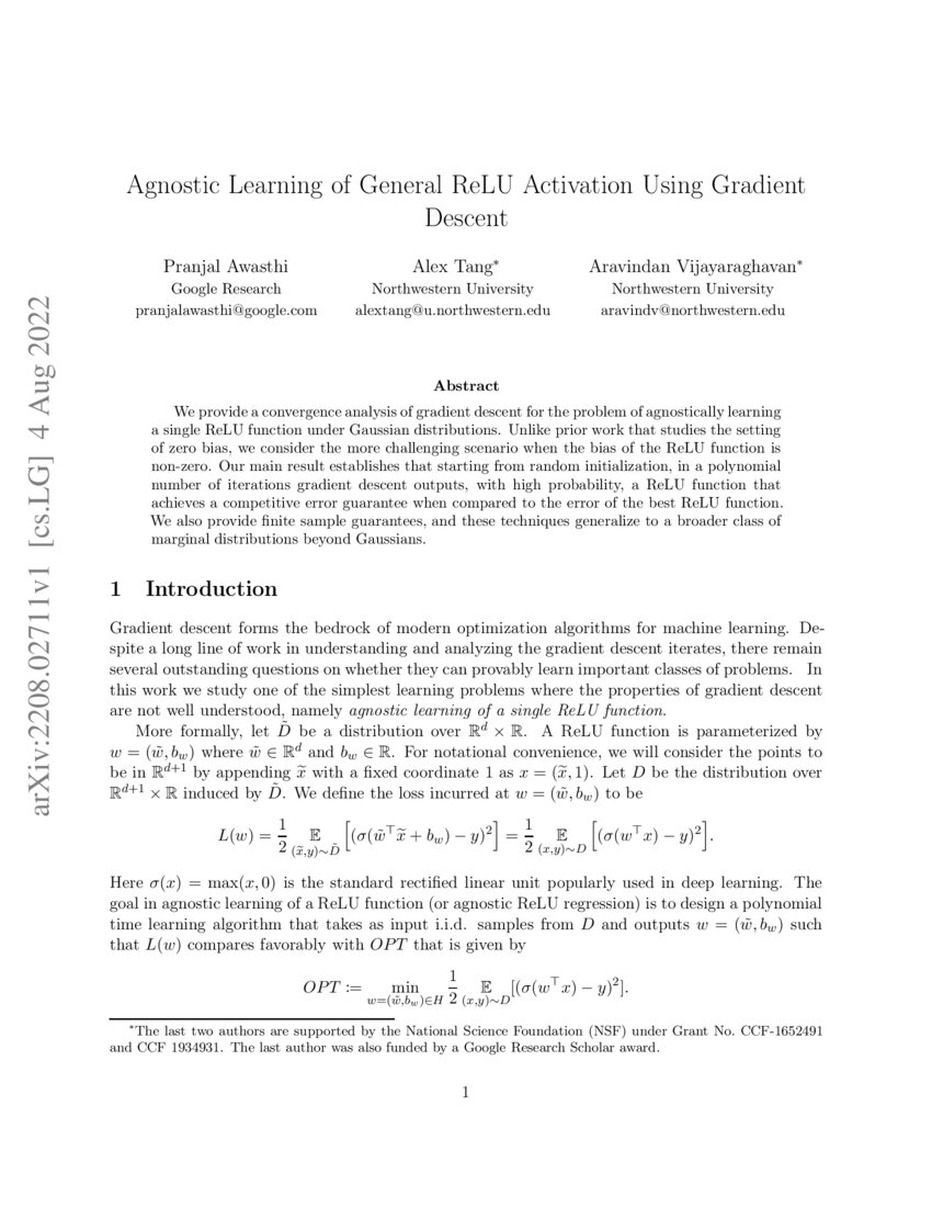 Agnostic Learning of General ReLU Activation Using Gradient Descent | DeepAI