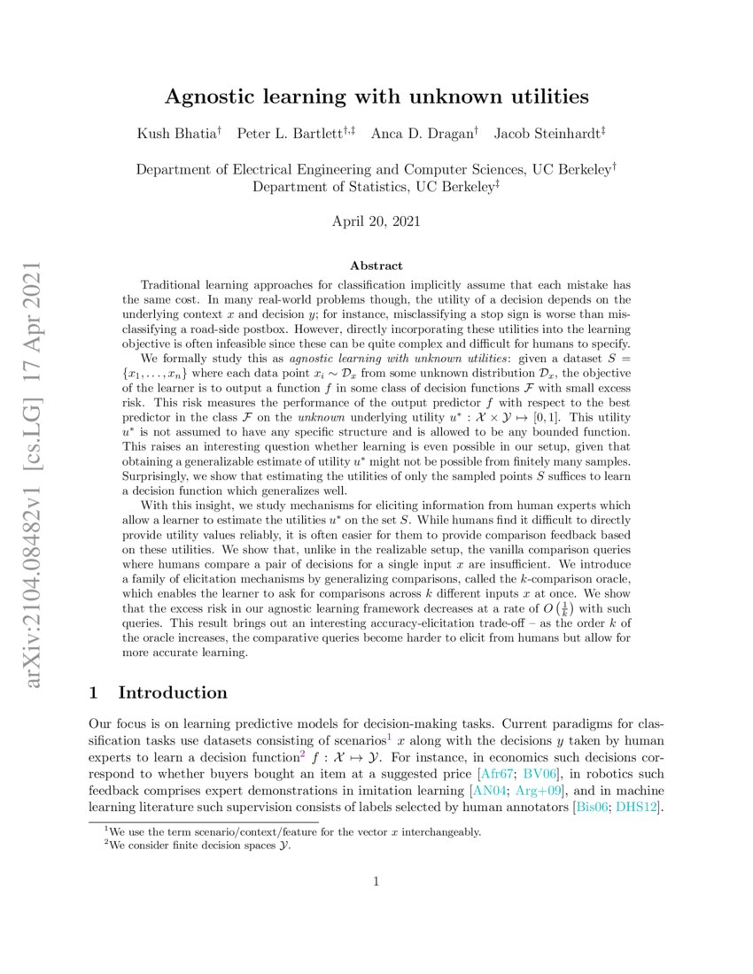 Agnostic learning with unknown utilities | DeepAI