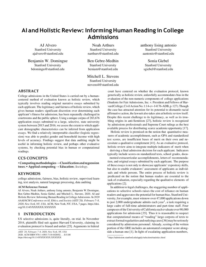 AI and Holistic Review: Informing Human Reading in College Admissions ...