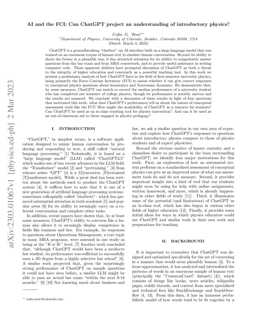 AI and the FCI: Can ChatGPT Project an Understanding of Introductory Physics? | DeepAI
