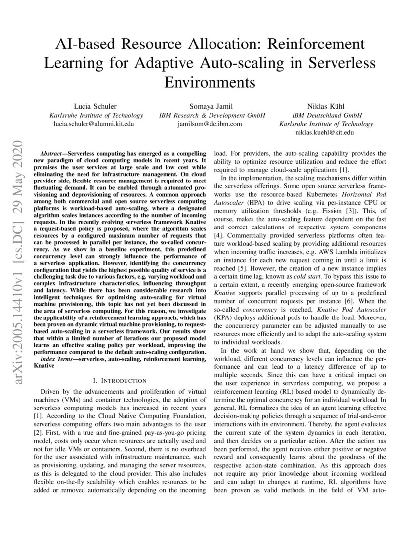 Ai Based Resource Allocation Reinforcement Learning For Adaptive Auto Scaling In Serverless