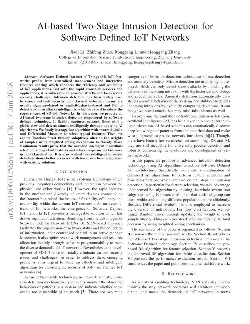 Ai Based Two Stage Intrusion Detection For Software Defined Iot Networks Deepai