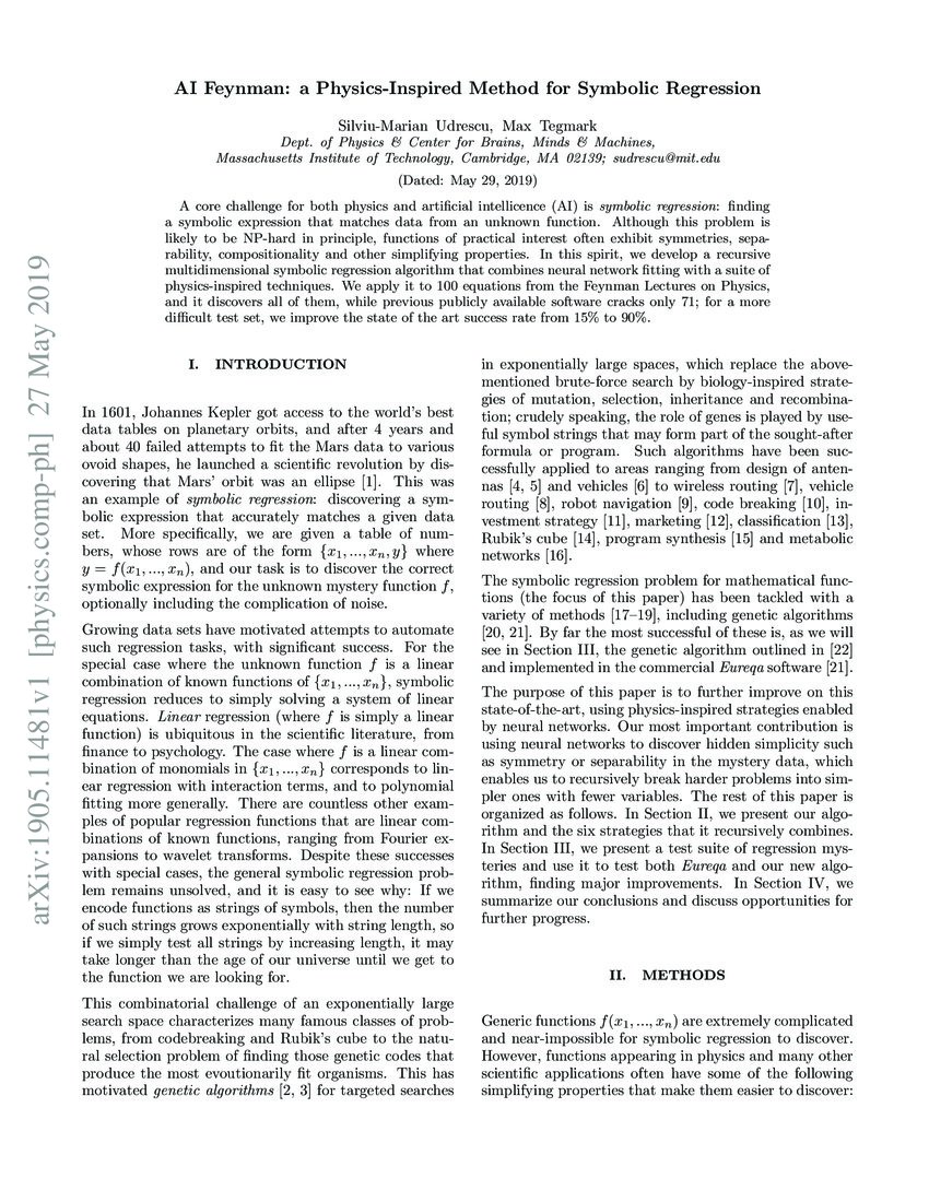AI Feynman: a Physics-Inspired Method for Symbolic Regression | DeepAI