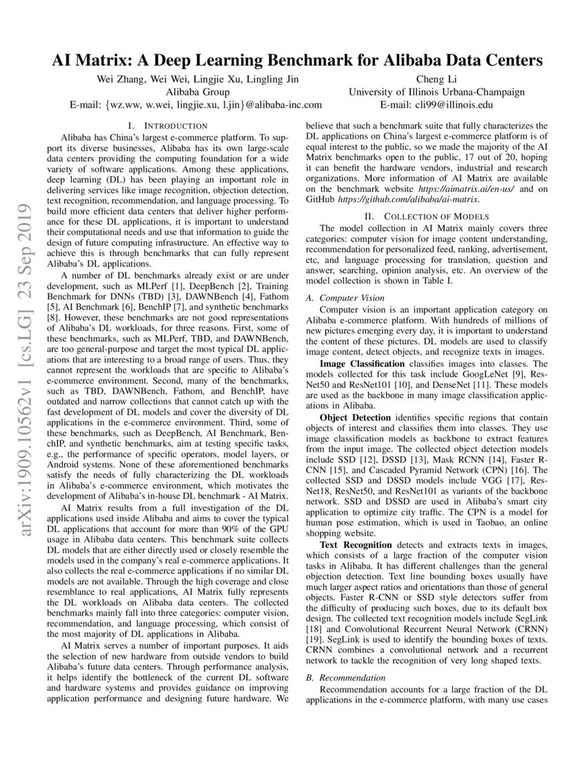 AI Matrix: A Deep Learning Benchmark for Alibaba Data Centers | DeepAI