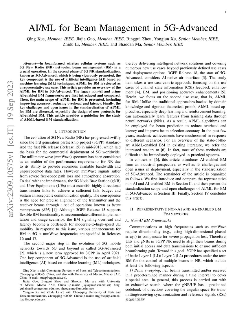 AI/ML for Beam Management in 5G-Advanced | DeepAI