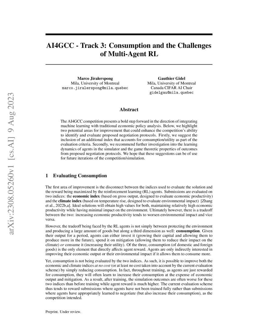 AI4GCC – Track 3: Consumption and the Challenges of Multi-Agent RL | DeepAI