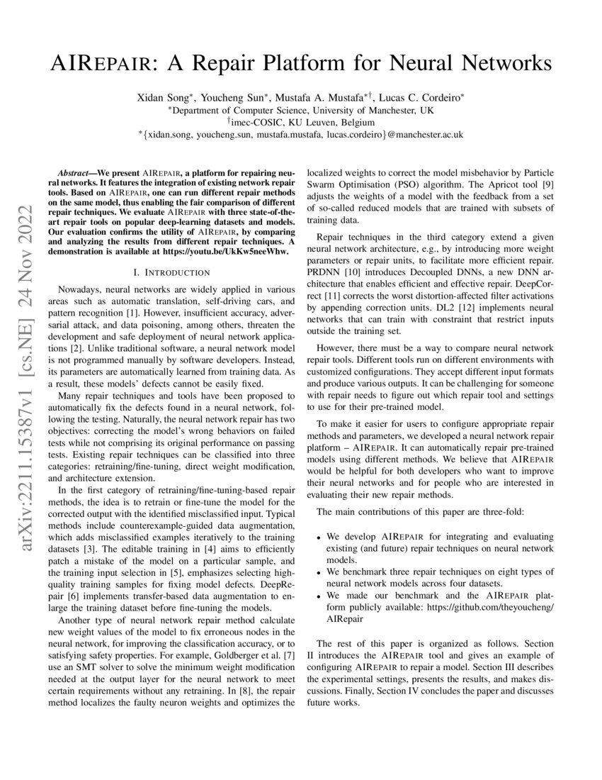 AIREPAIR: A Repair Platform for Neural Networks | DeepAI