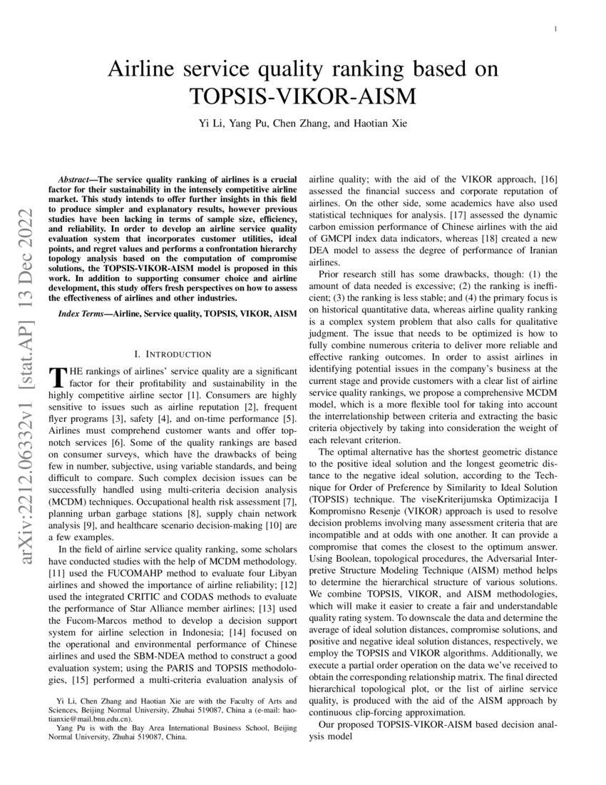 Airline Service Quality Ranking Based On Combined Topsis Vikor Aism Model Deepai