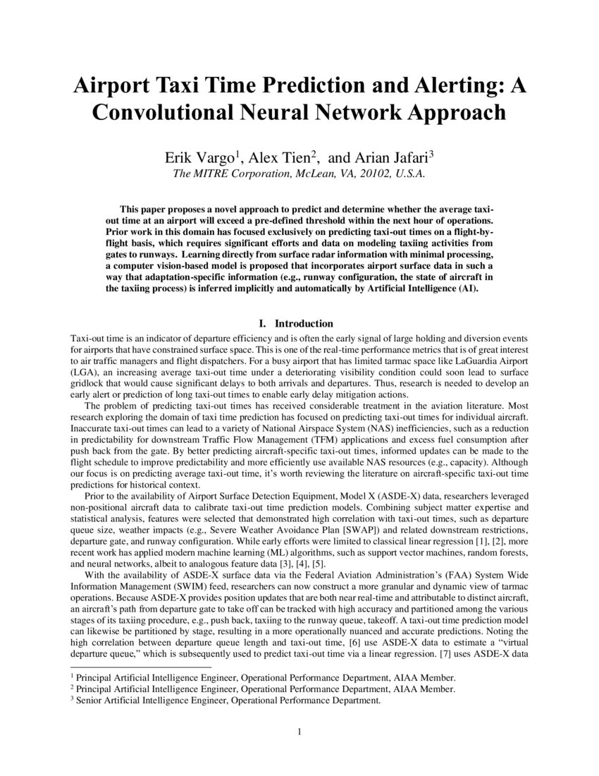 Airport Taxi Time Prediction And Alerting A Convolutional Neural