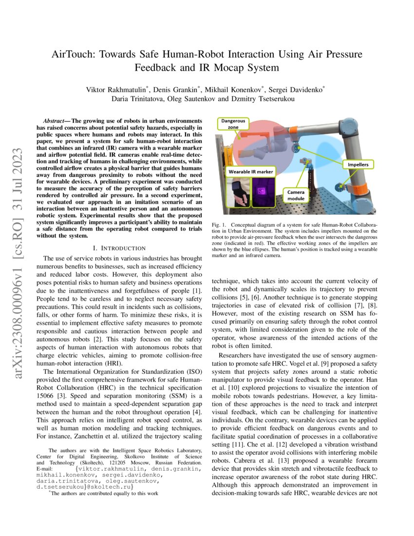 AirTouch: Towards Safe Human-Robot Interaction Using Air Pressure Feedback and IR Mocap System ...