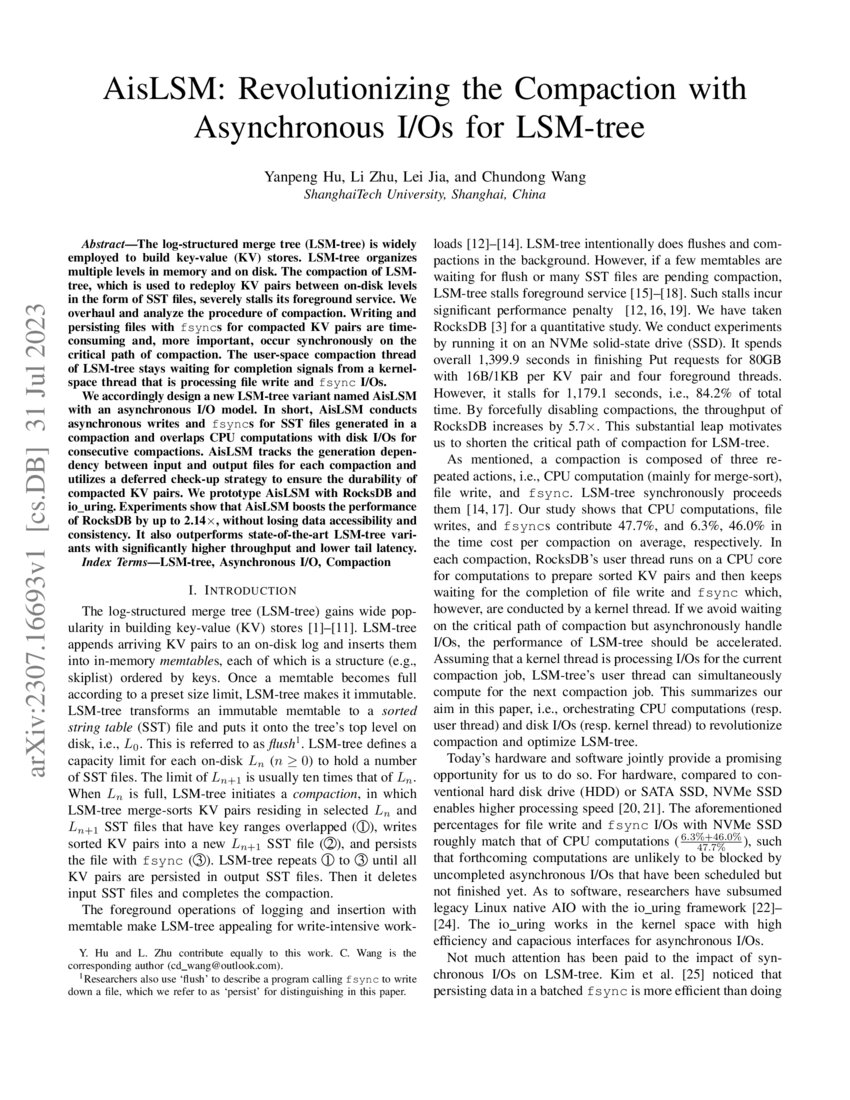 AisLSM: Revolutionizing the Compaction with Asynchronous I/Os for LSM-tree | DeepAI