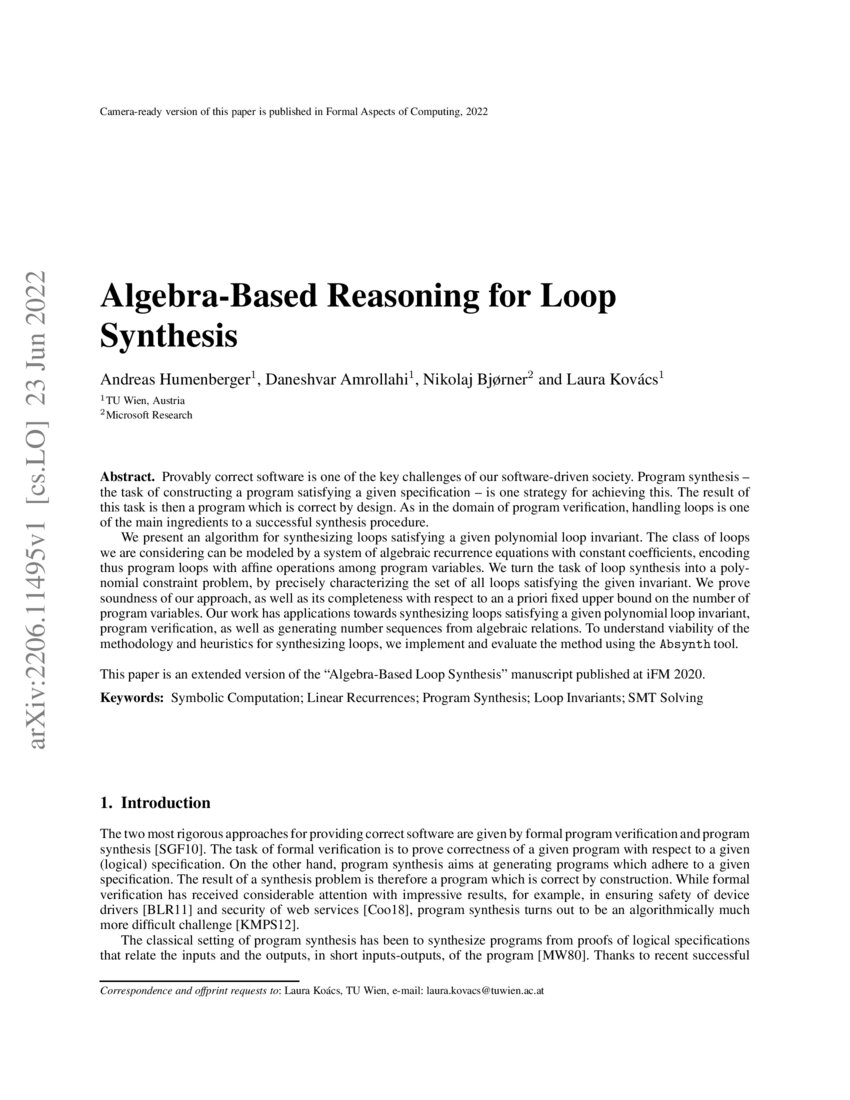 Algebra-Based Reasoning for Loop Synthesis | DeepAI