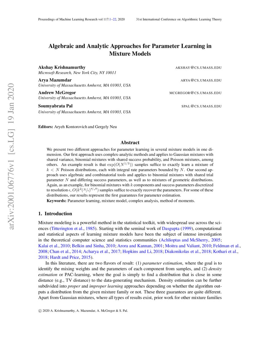 Algebraic And Analytic Approaches For Parameter Learning In Mixture