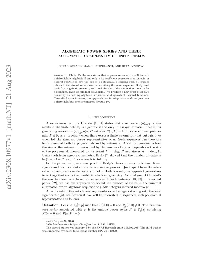 Algebraic Power Series And Their Automatic Complexity I Finite Fields Deepai 