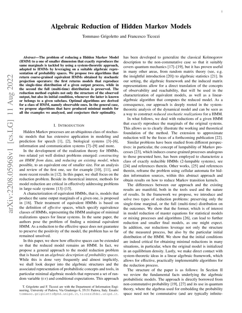 Algebraic Reduction Of Hidden Markov Models Deepai