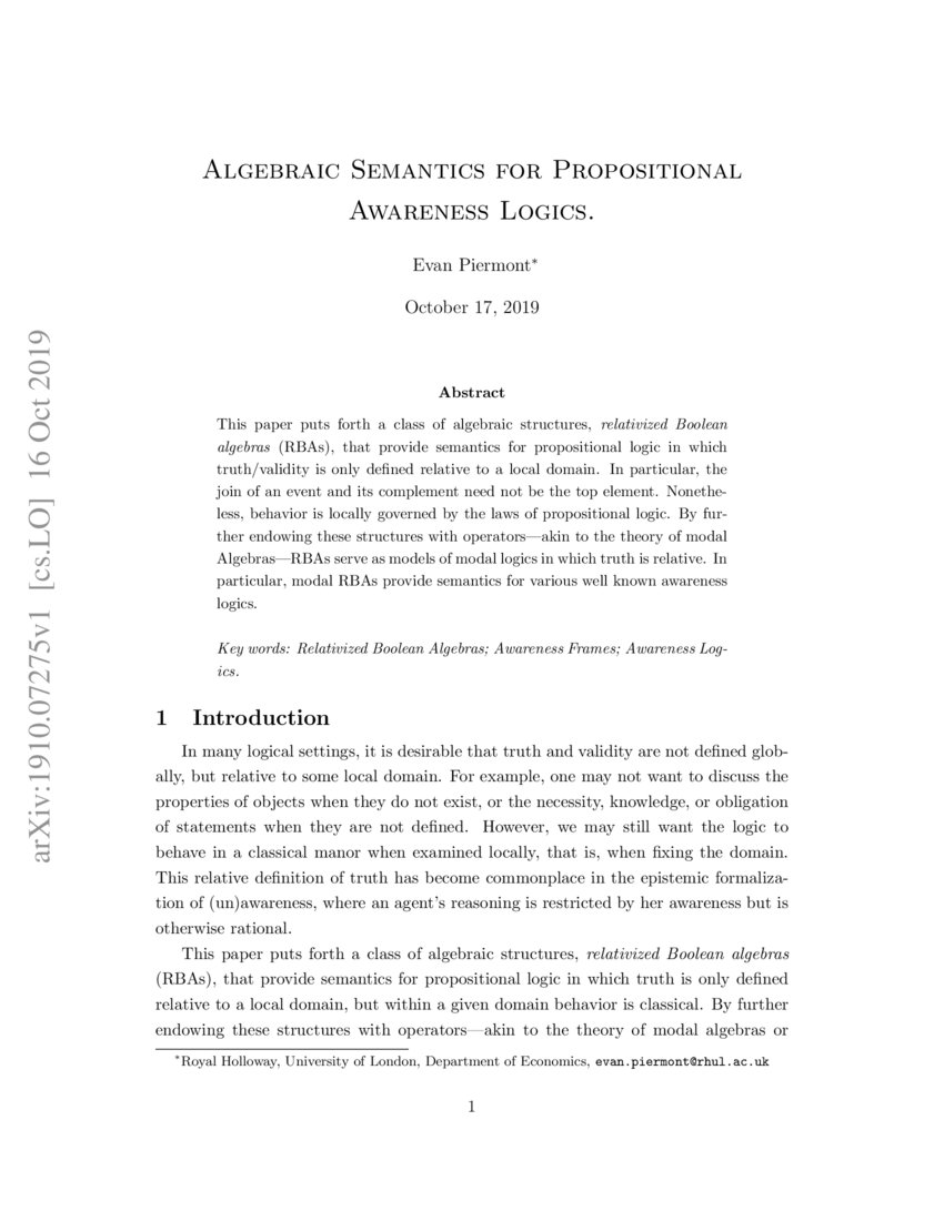Algebraic Semantics for Propositional Awareness Logics | DeepAI