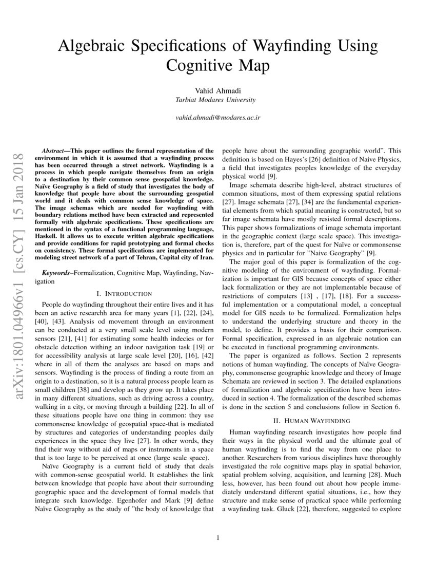 Algebraic Specifications of Wayfinding Using Cognitive Map | DeepAI