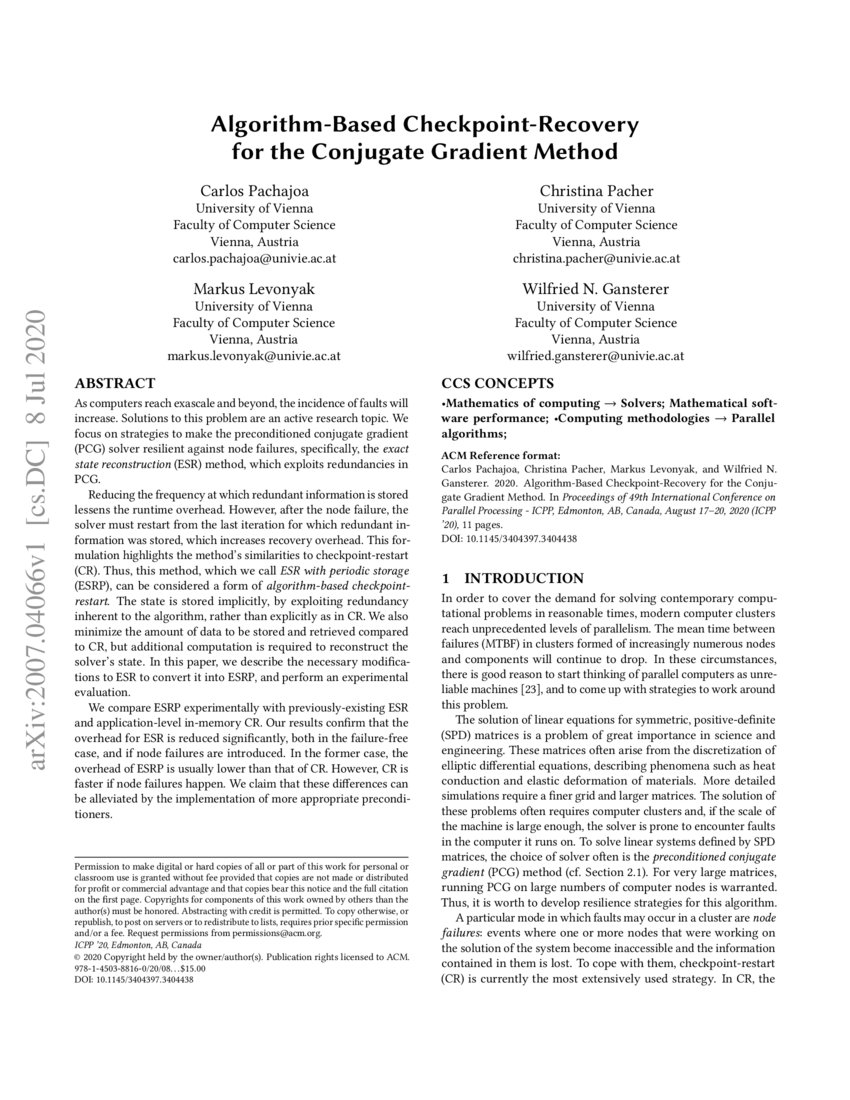Algorithm-Based Checkpoint-Recovery for the Conjugate Gradient Method | DeepAI