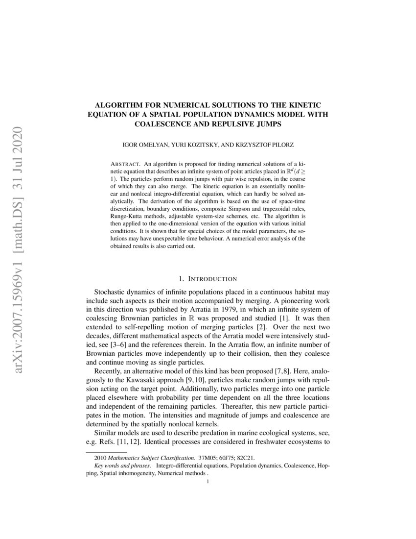 Algorithm for numerical solutions to the kinetic equation of a spatial population dynamics model ...