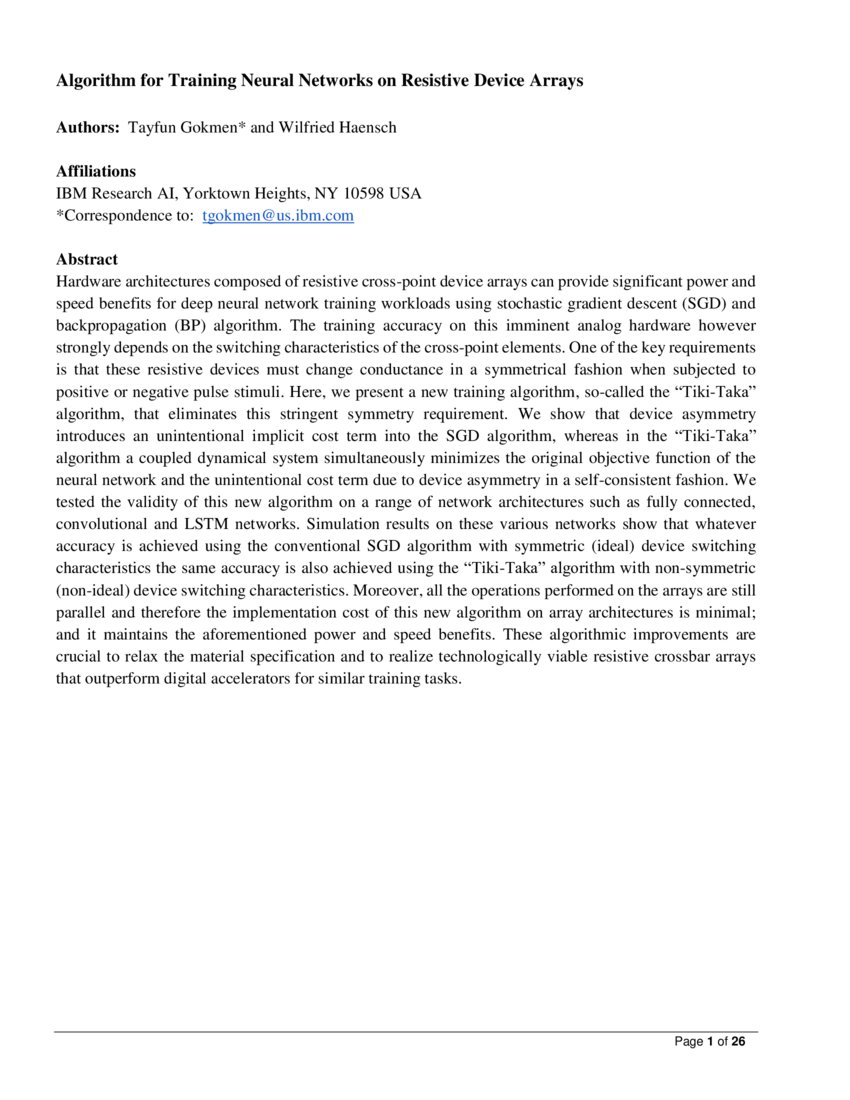 Algorithm for Training Neural Networks on Resistive Device Arrays | DeepAI