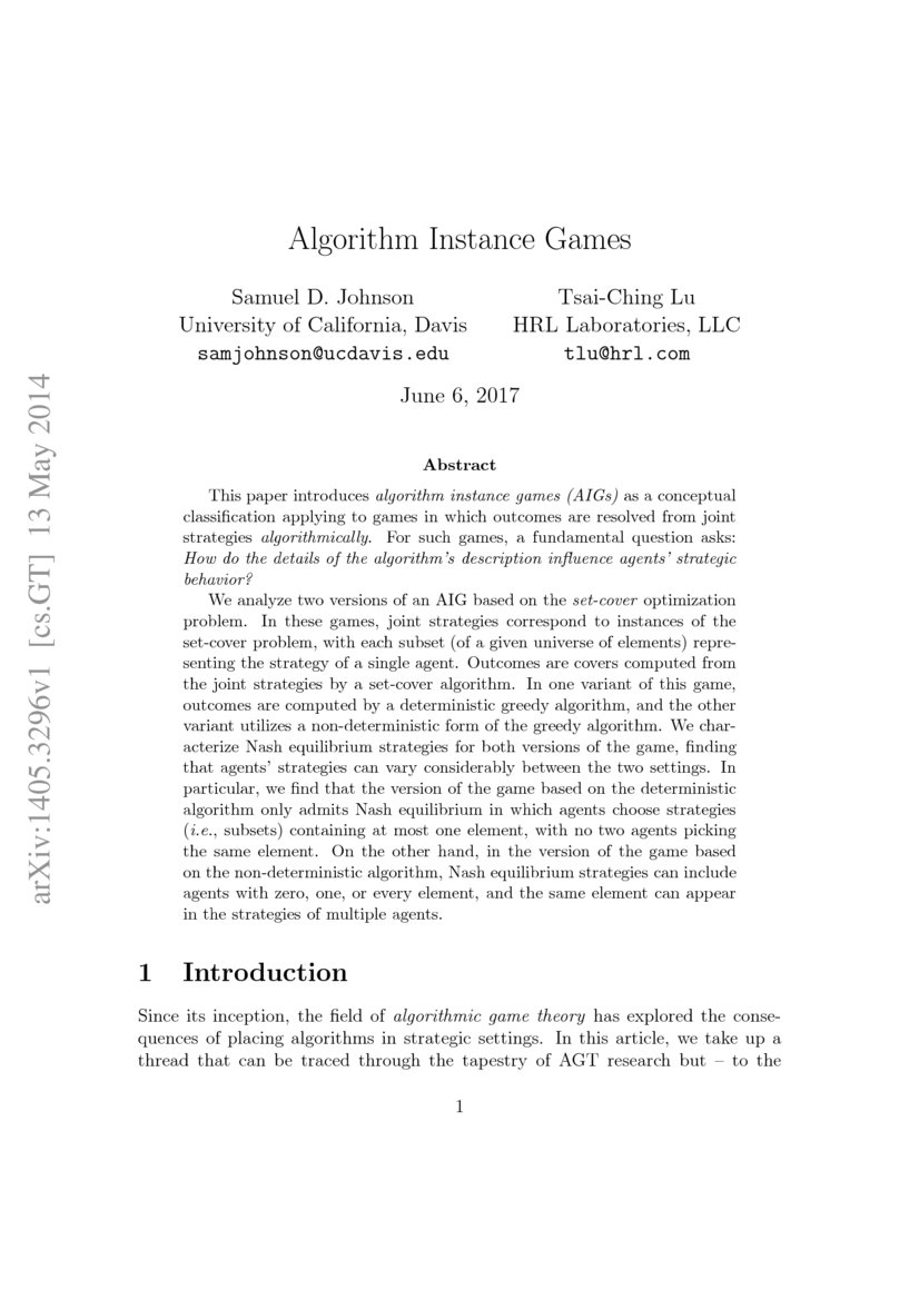Algorithm Instance Games Deepai