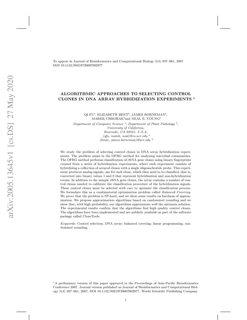 Algorithmic Approaches To Selecting Control Clones In Dna Array