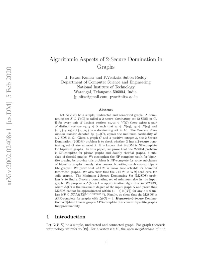 Algorithmic Aspects Of 2 Secure Domination In Graphs Deepai 