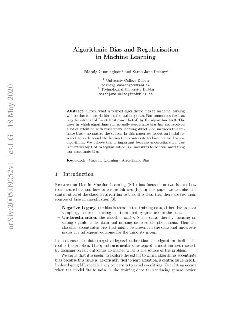 Algorithmic Bias And Regularisation In Machine Learning Deepai