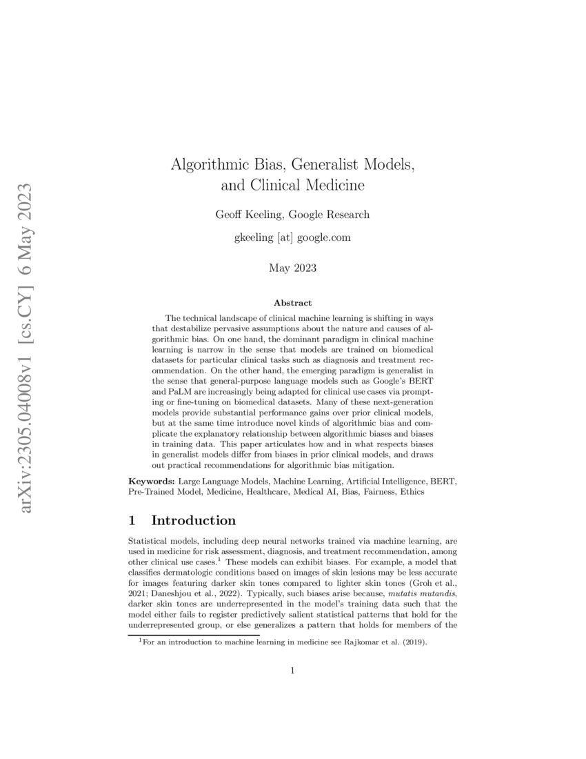 Algorithmic Bias, Generalist Models,and Clinical Medicine | DeepAI