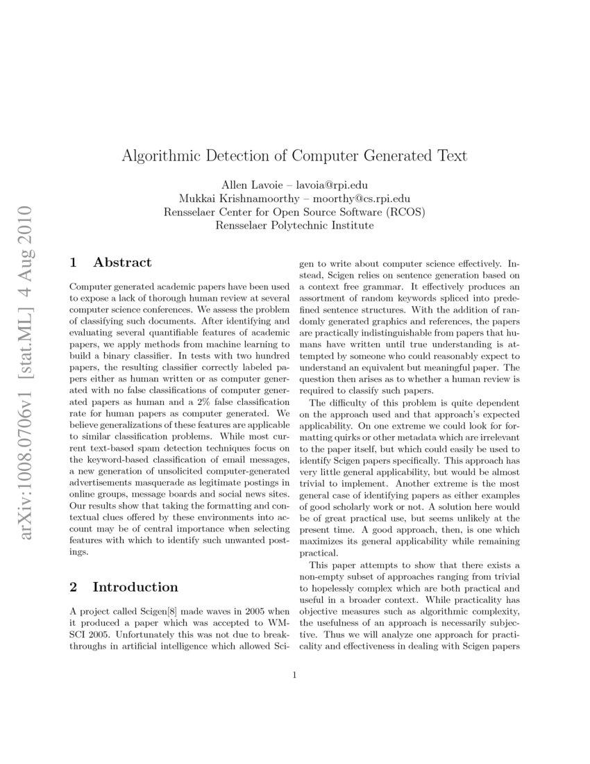 Algorithmic Detection Of Computer Generated Text Deepai